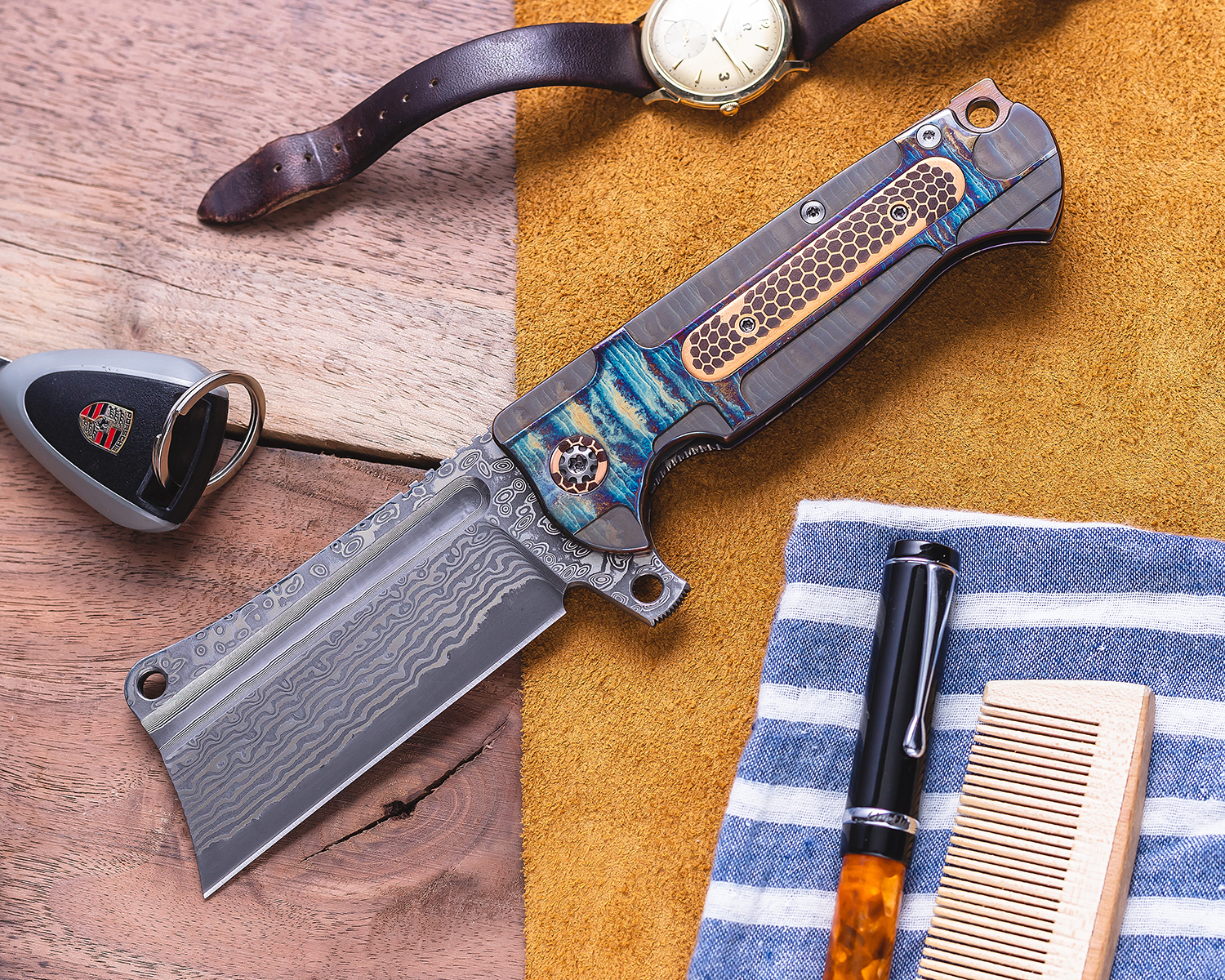 Andre De Villiers Knives Battle Cleaver Flipper Knife 4" VG-10 Damascus ...