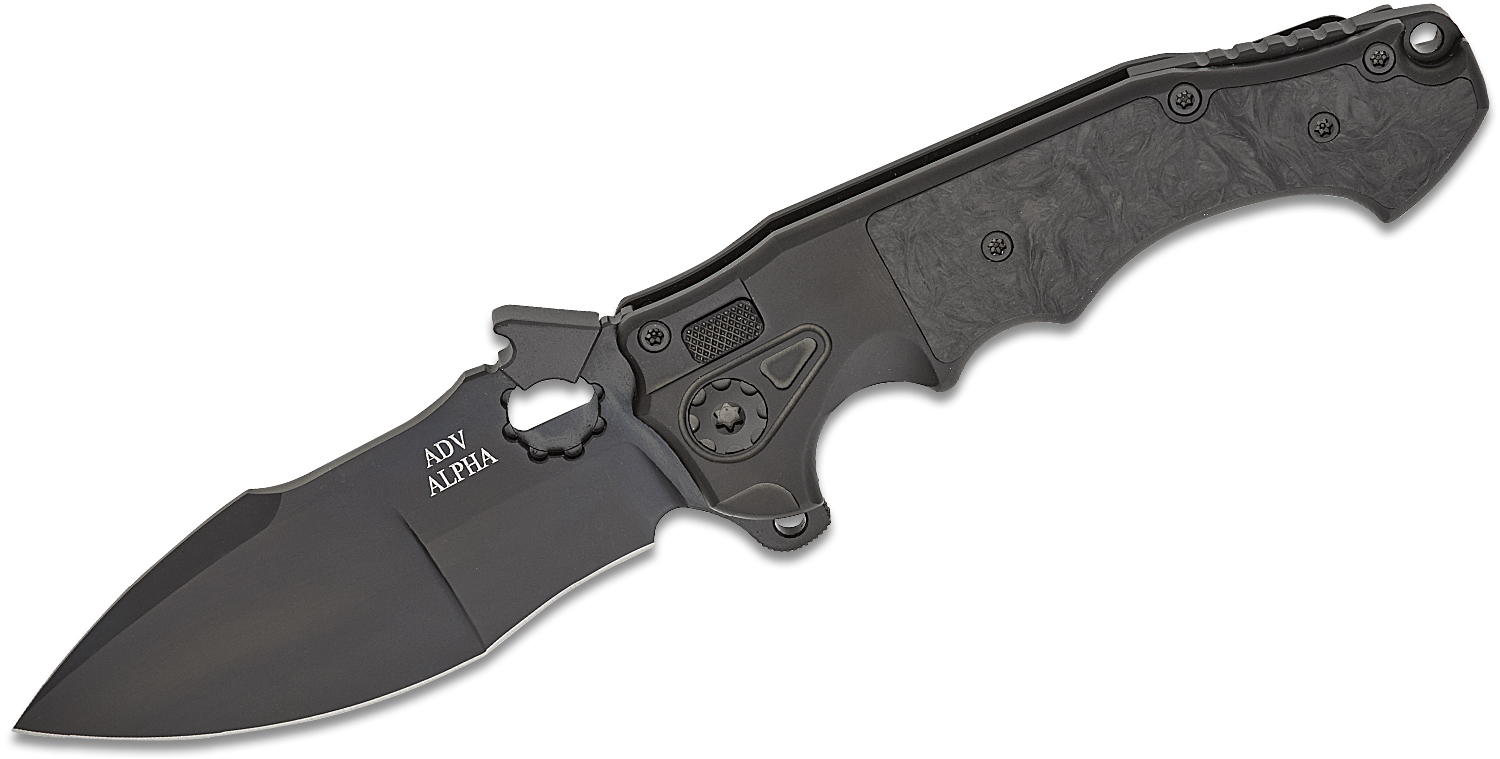 Andre De Villiers Knives Mini Alpha Flipper Knife 3.625" S35VN Black Cerakote Compound Recurve ...