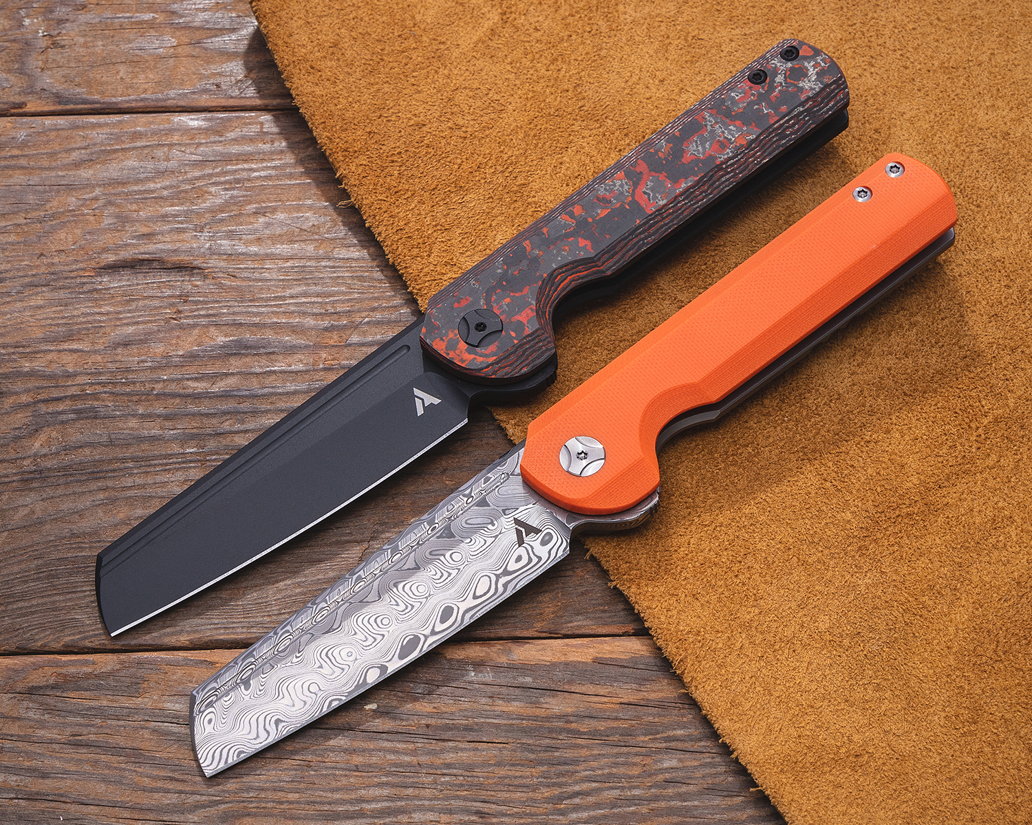 Arcform Knives Geoff Blauvelt Slimfoot Flipper Knife 3.5" Damasteel Sheepsfoot Blade, Orange G10 ...