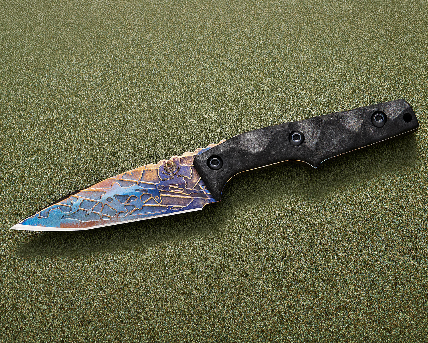 Bawidamann Blades Thick Huginn Fixed Blade Knife 3.75" CPM-3V Medium Etch Cobalt Spectral Patina ...