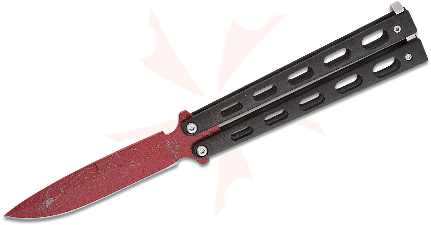 Bear & Son 5" Butterfly Knife, Red Widow Drop Point Blade, Black Coated ...