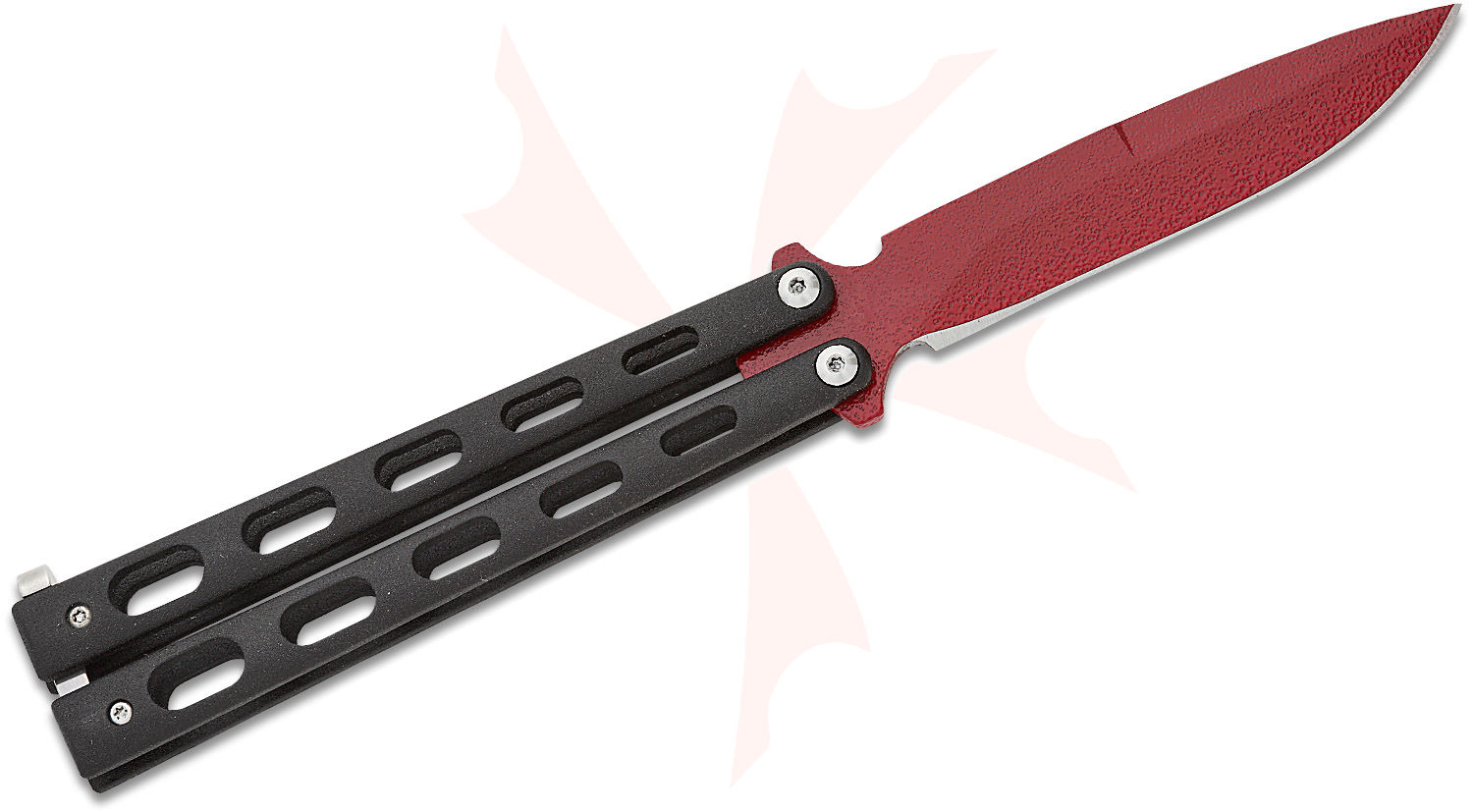Bear & Son 5" Butterfly Knife, Red Widow Drop Point Blade, Black Coated ...