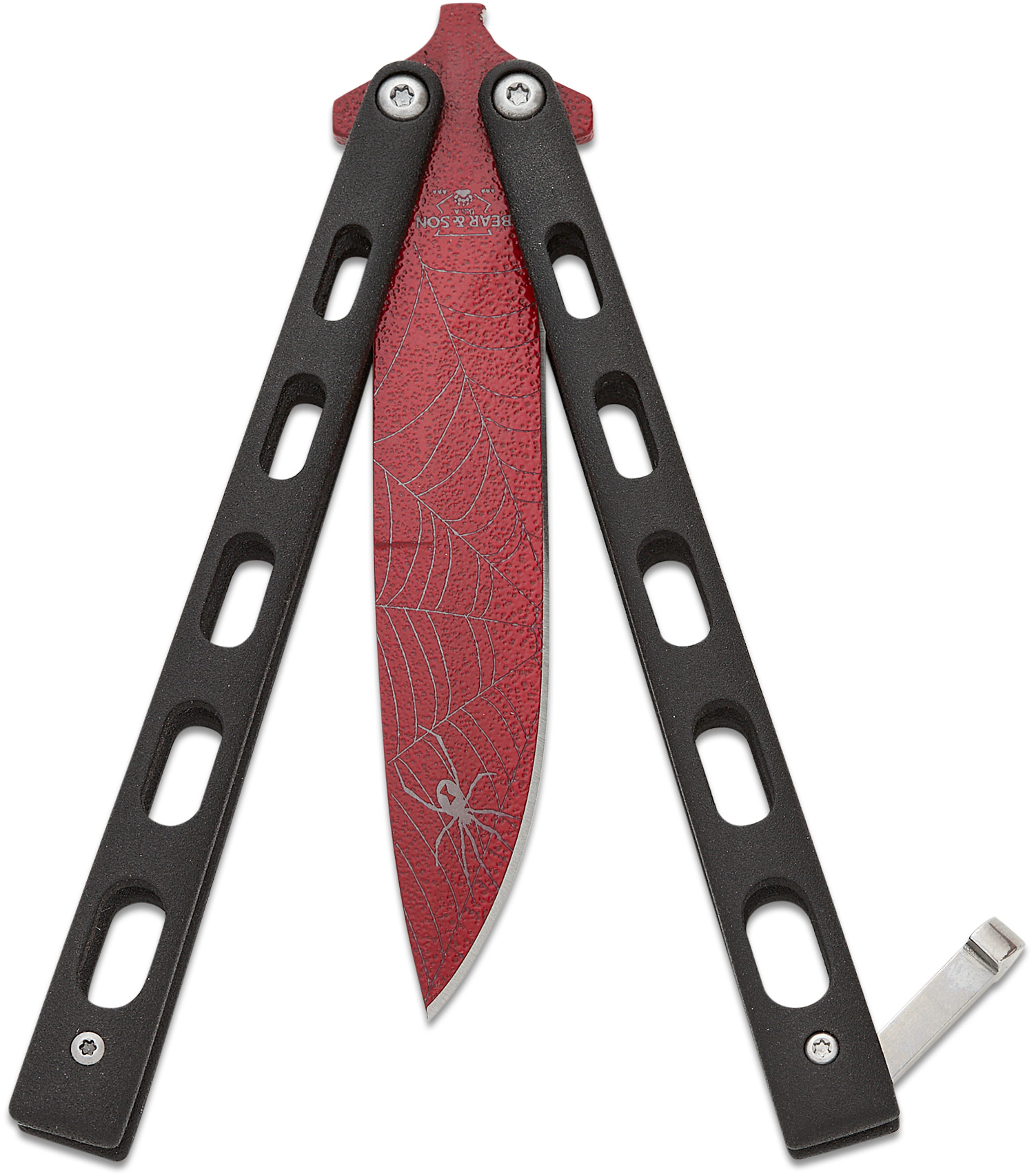 Bear & Son 5" Butterfly Knife, Red Widow Drop Point Blade, Black Coated ...