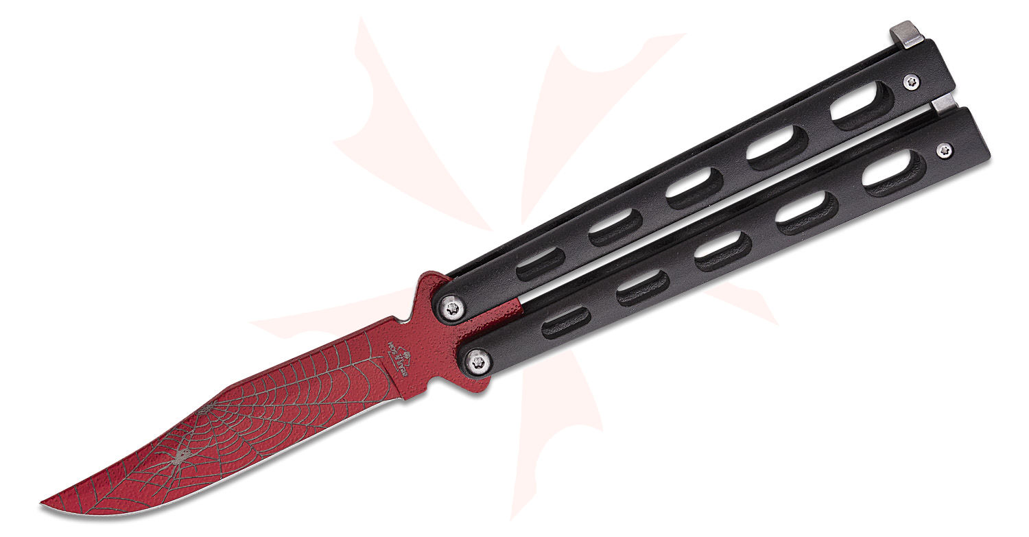 Bear & Son 5" Butterfly Knife, Red Widow Clip Point Blade, Black Coated ...