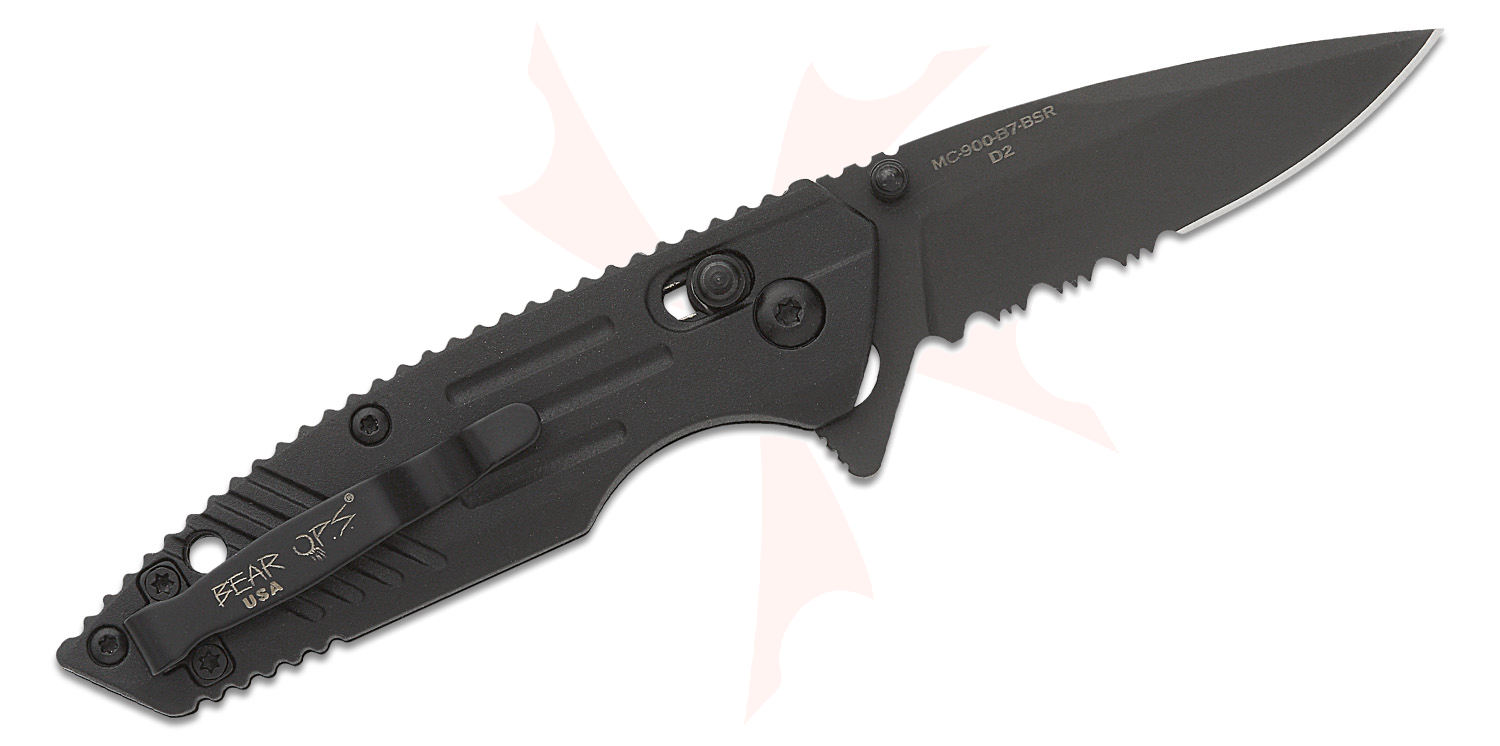 Bear OPS Mini Rancor IX Slide Lock Flipper Knife 2.36" D2 Black Serrated Drop Point Blade, Black ...