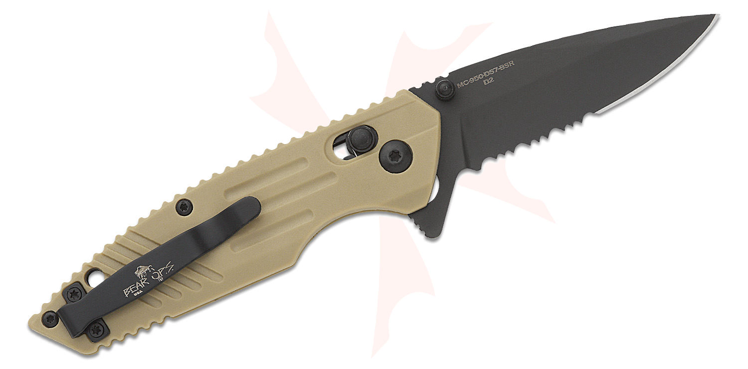 Bear OPS Rancor IX Slide Lock Flipper Knife 2.83" D2 Black Serrated Drop Point Blade, Desert ...