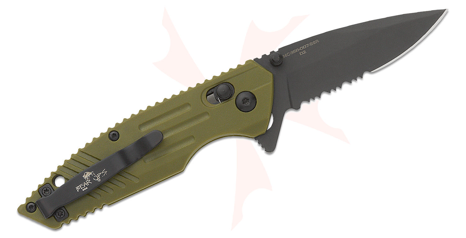 Bear OPS Rancor IX Slide Lock Flipper Knife 2.83" D2 Black Serrated Drop Point Blade, OD Green ...