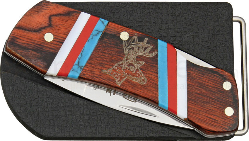 Benchmark Belt Buckle Knife, Deer Head Etching, 2" Plain Satin Blade ...