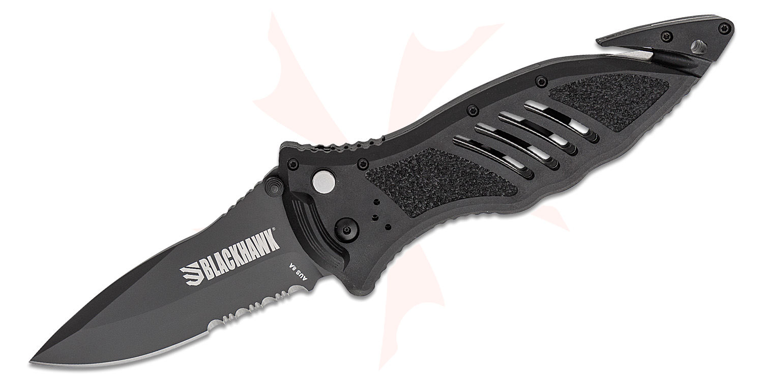 BLACKHAWK! CQD Large Folding Knife 3.75" D2 Black Combo Drop Point ...