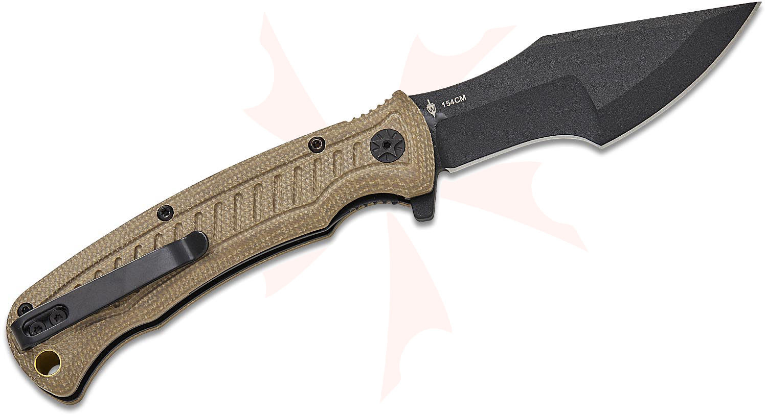 Boker Plus Micro Tracker Flipper Knife 3.2" 154CM Black Recurve Blade, Brown Micarta Handles ...