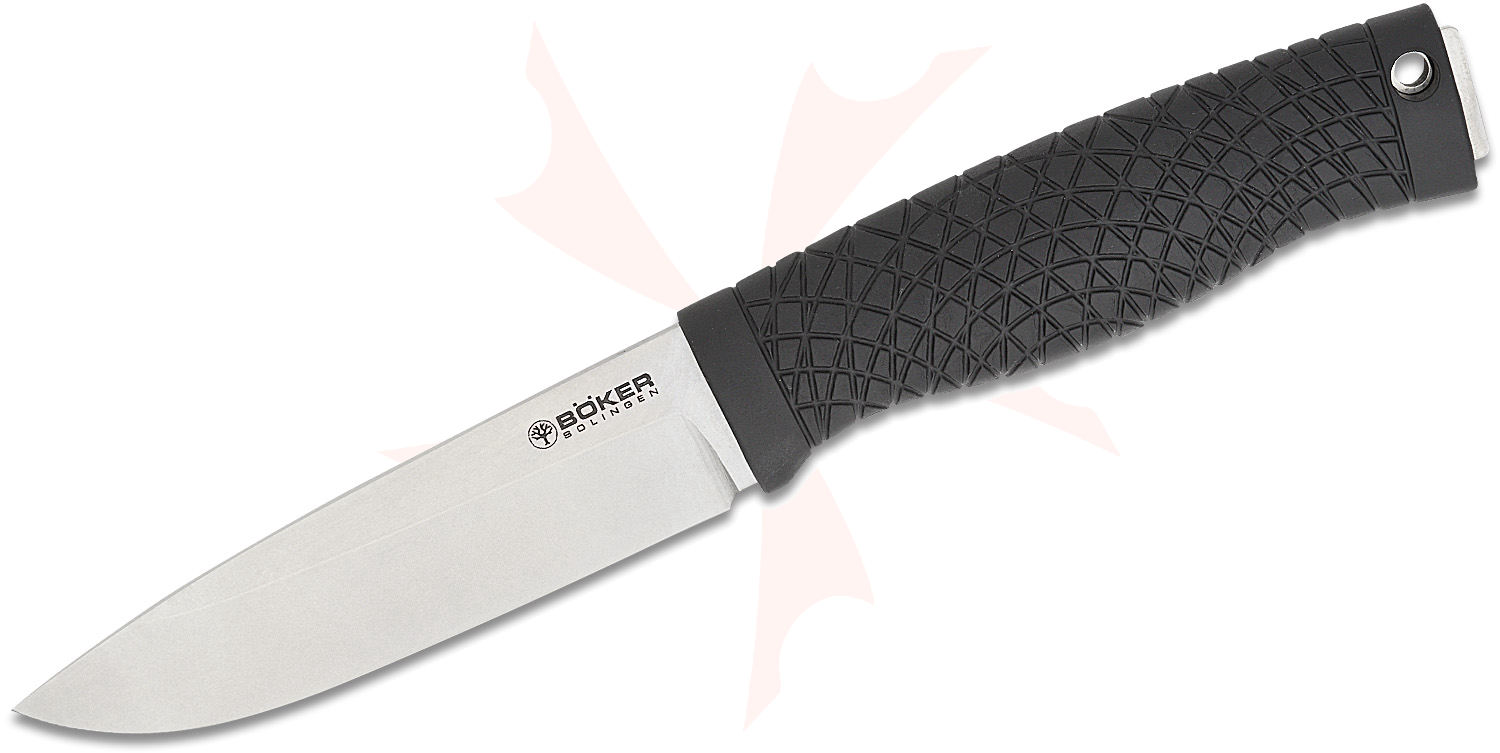 Boker Bronco Basic Fixed Blade Knife 4.45" CPM-3V Stonewashed Drop Point, Black TPE Handles ...