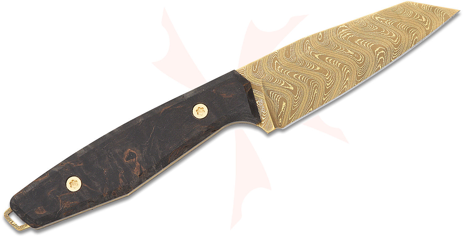 Boker Daily Knives AK1 Fixed Blade Knife 3.11" Gold Nichols Boomerang Damascus Reverse Tanto ...