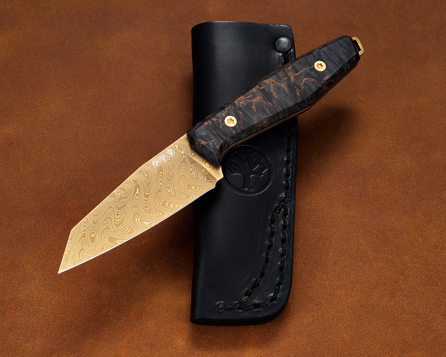 Boker Daily Knives AK1 Fixed Blade Knife 3.11" Gold Nichols Boomerang Damascus Reverse Tanto ...