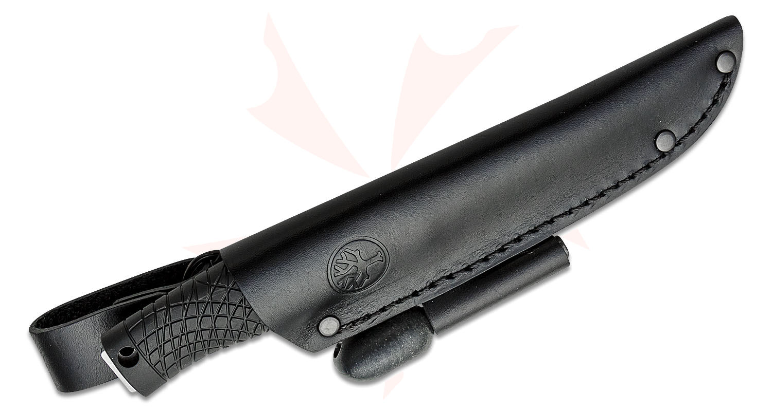 Boker Bronco Fixed Blade Knife 4.45" CPM-3V Satin Drop Point, Black TPE Handles, Black Leather ...