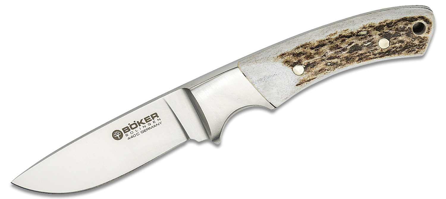 Boker Integral Hunter Fixed Blade Knife 3.5" Satin 440C Drop Point, Stag Handles, Leather Sheath ...