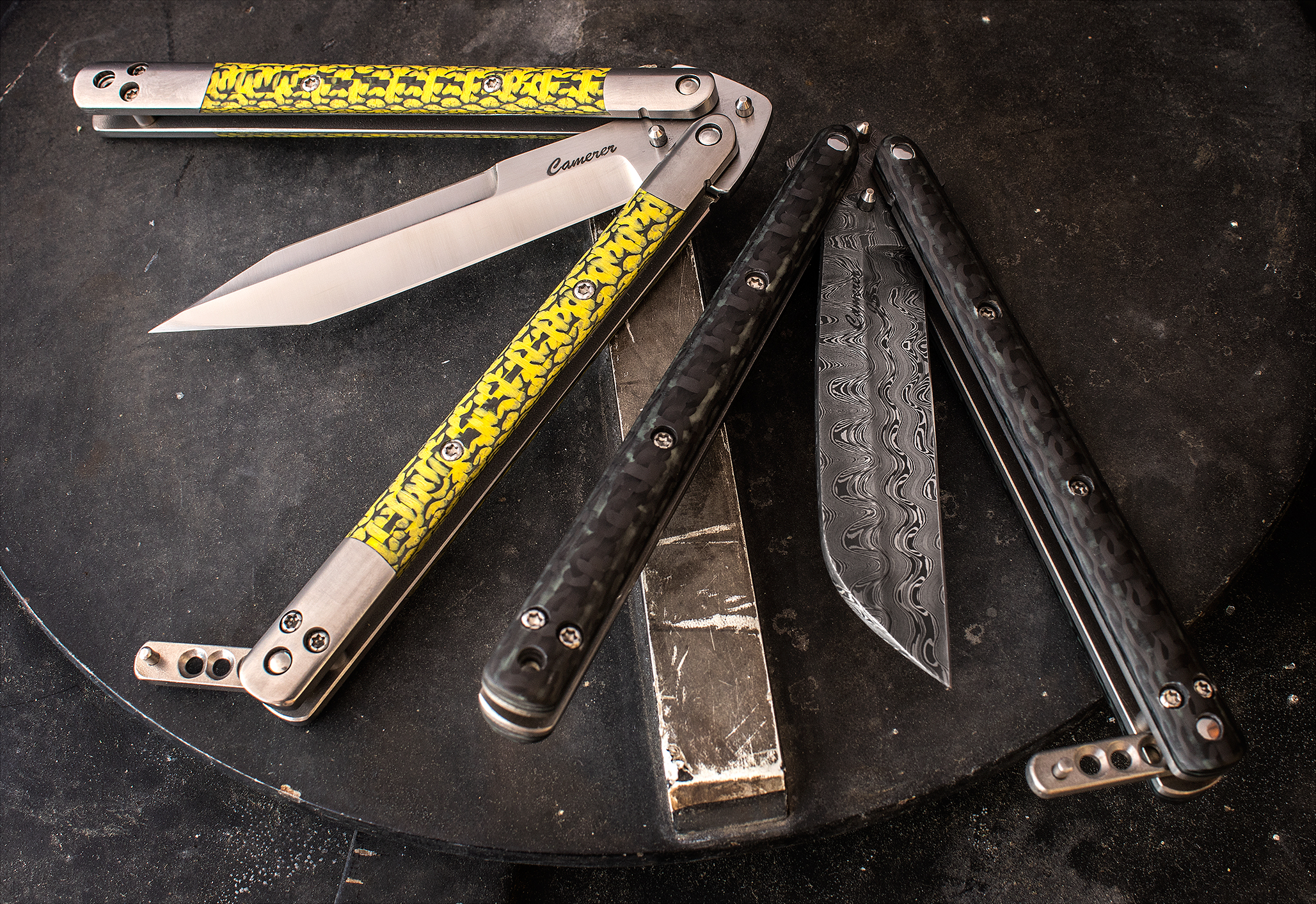 Craig Camerer Custom Yellow Jacket Balisong 4.25" Elmax Double Edge ...