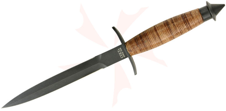 Colt V-42 Dagger 7" Double Edged Black Blade, Stacked Leather Handle ...