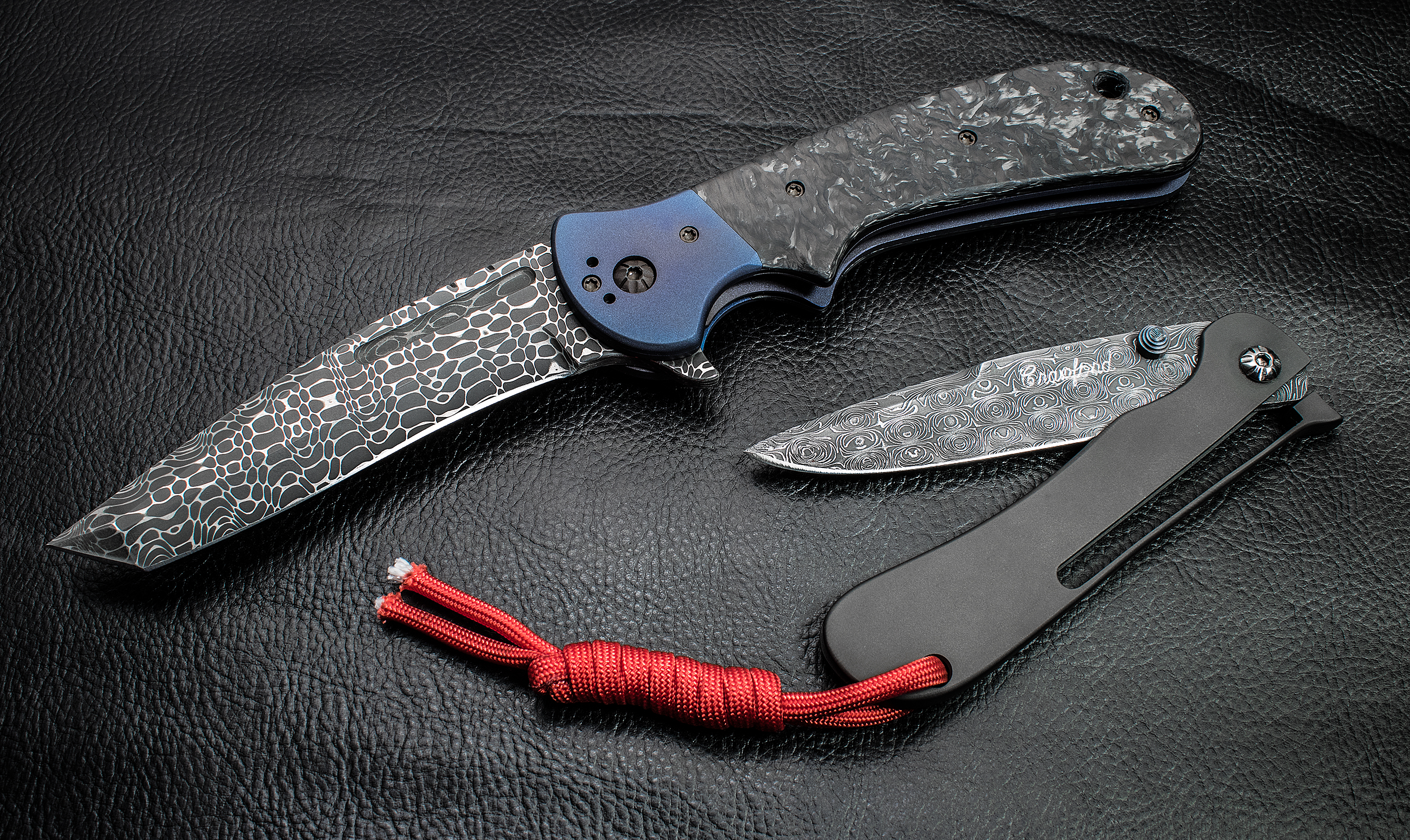 Crawford Knives Custom Stealth Flipper 4" Lizard Damascus Tanto Blade ...