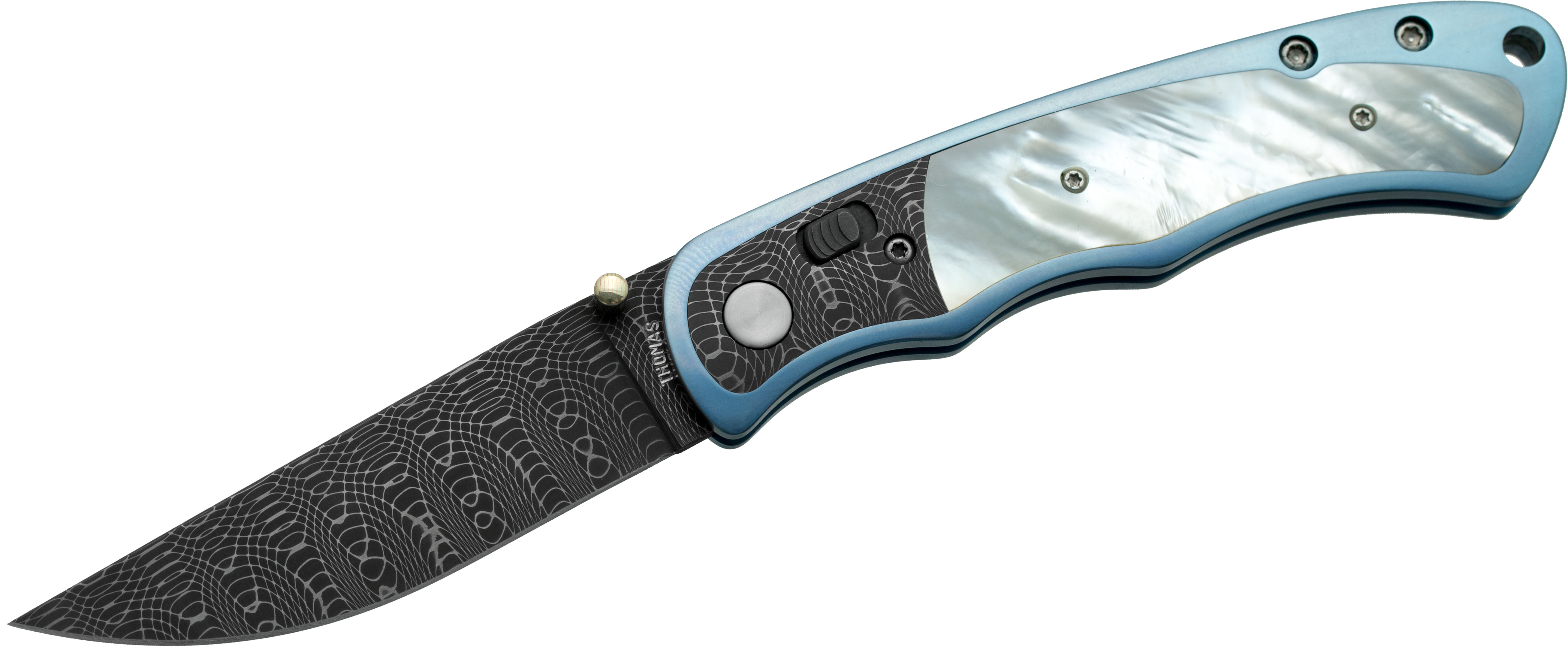 Darrin Thomas Custom Folder 3" Spirograph Damascus Plain Blade, Blue ...