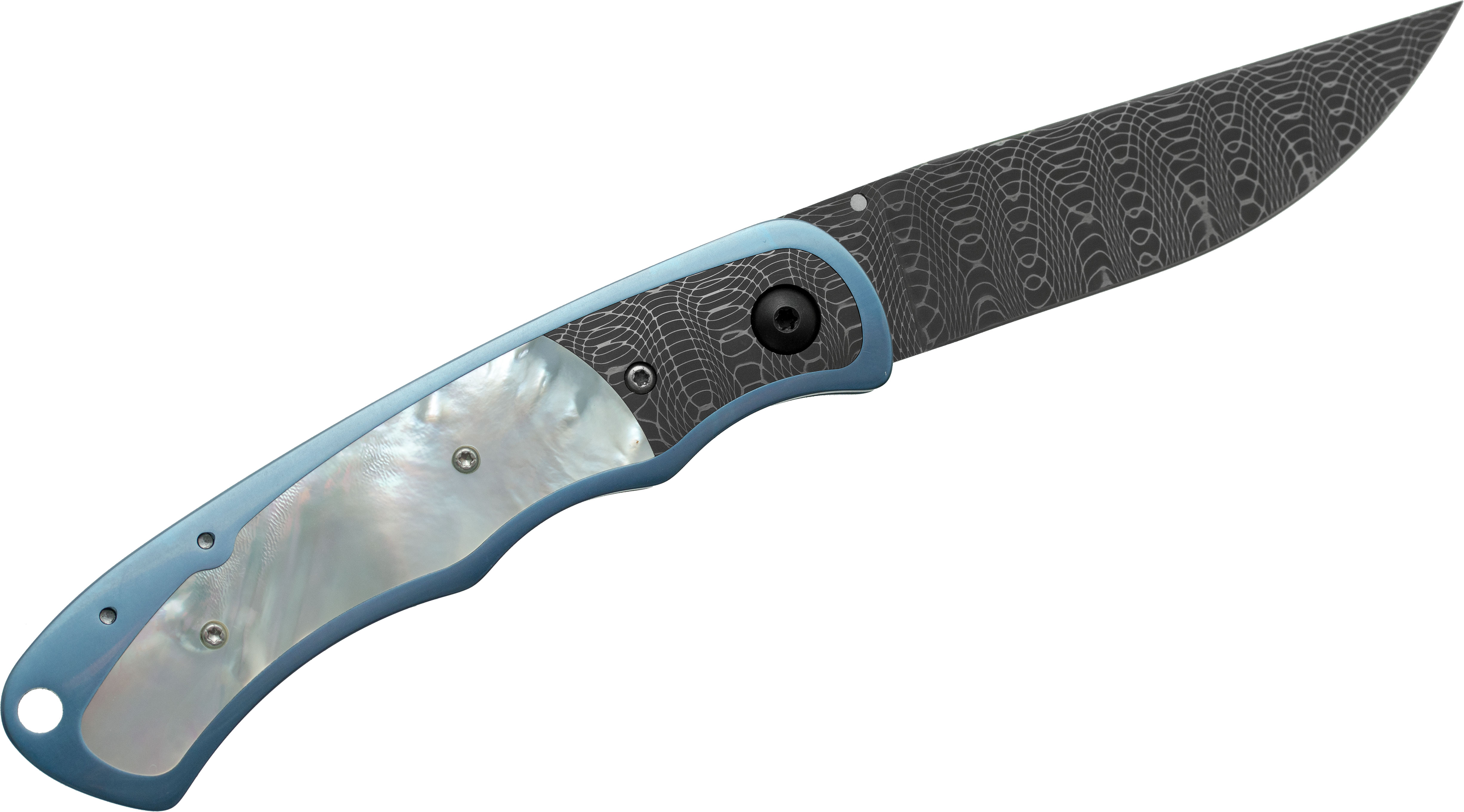 Darrin Thomas Custom Folder 3" Spirograph Damascus Plain Blade, Blue ...