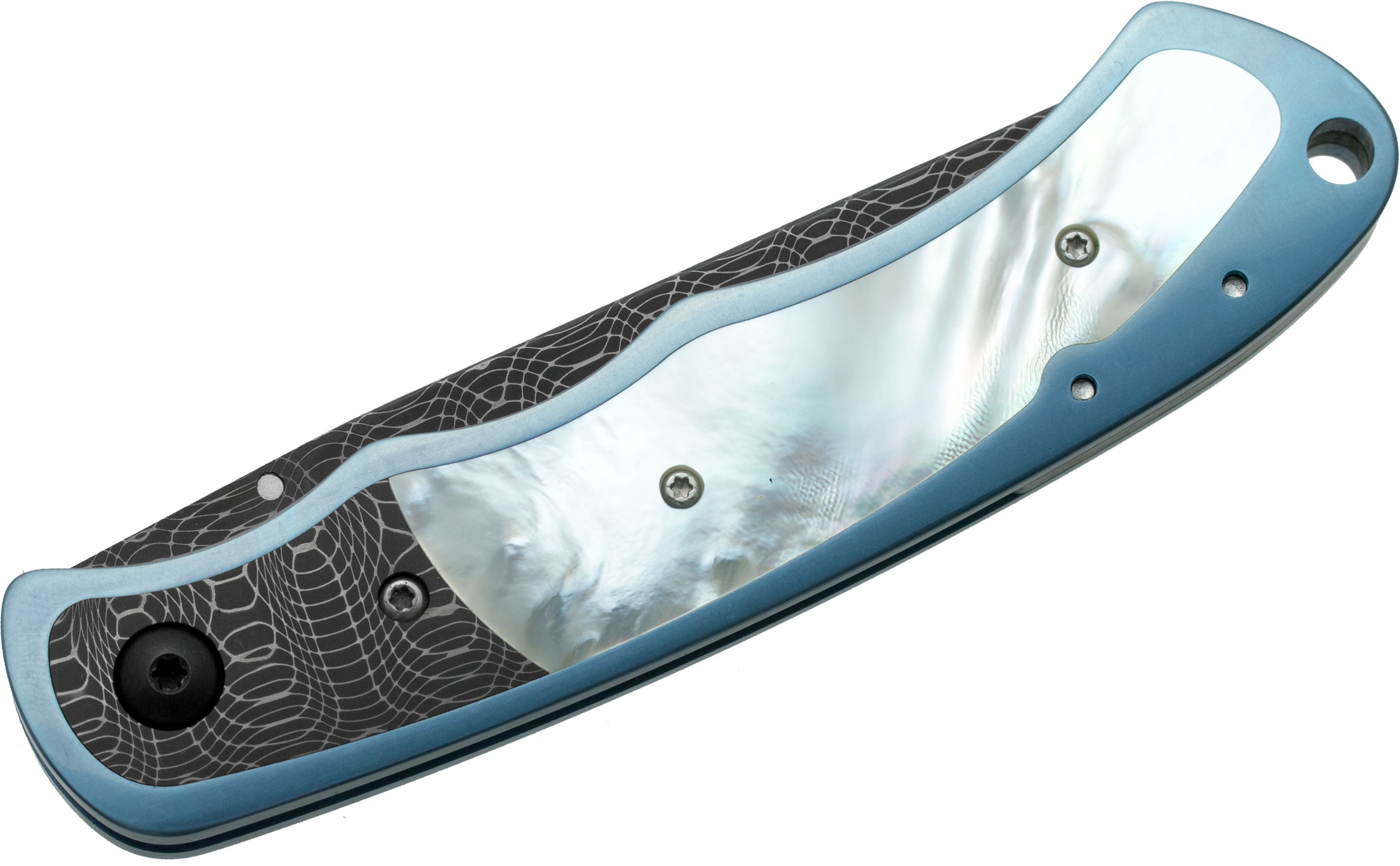 Darrin Thomas Custom Folder 3" Spirograph Damascus Plain Blade, Blue ...