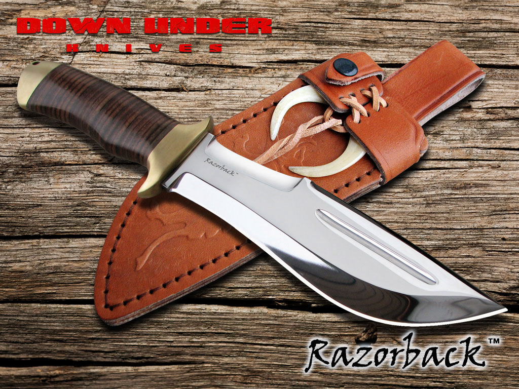 Down Under Knives Razorback 7" Polished Double Edge Blade, Leather Handle - KnifeCenter - DUKRB