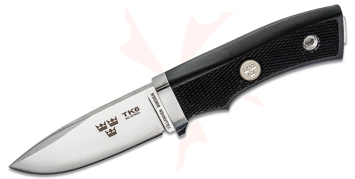 Fallkniven TK6 Tre Kronor Hunter Fixed 3.15" 3G Satin Blade, Black Thermorun Handle and Leather ...