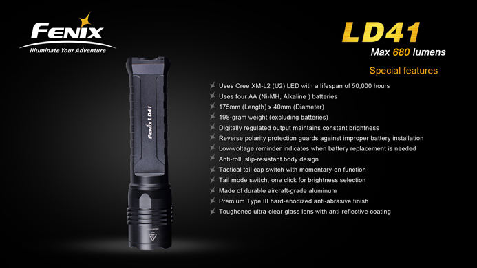 Fenix LD41 LED Flashlight, Black, 680 Max Lumens - KnifeCenter ...