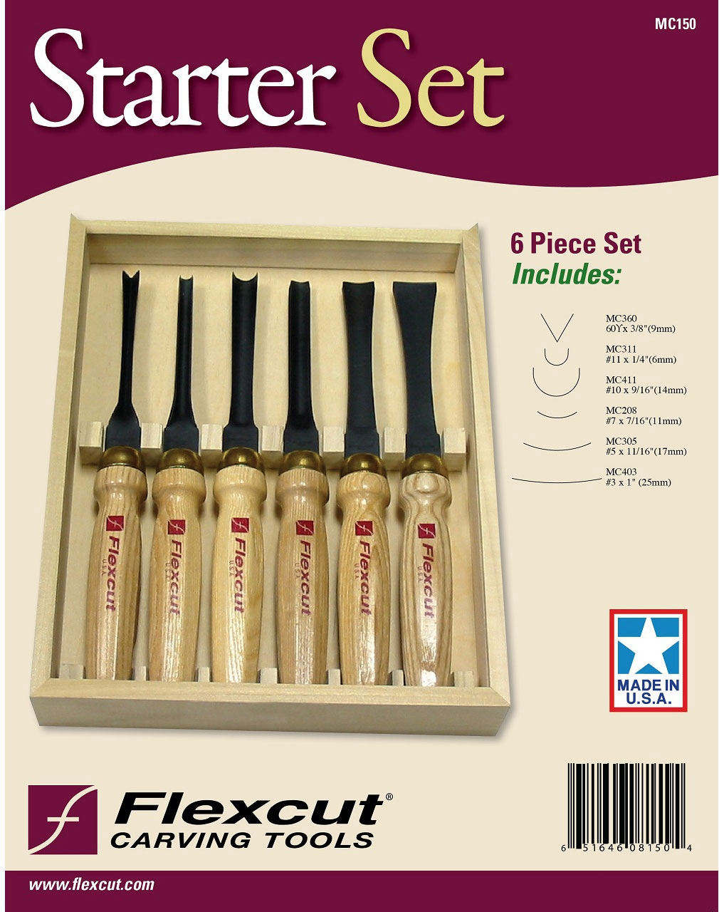 Flexcut 6-Piece Mallet Starter Set, 6 Different Style Blades, Ash Wood ...