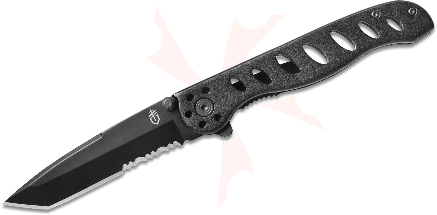 Gerber Evo Large Tanto 3.5" Black Combo Blade, Black Aluminum Handles ...