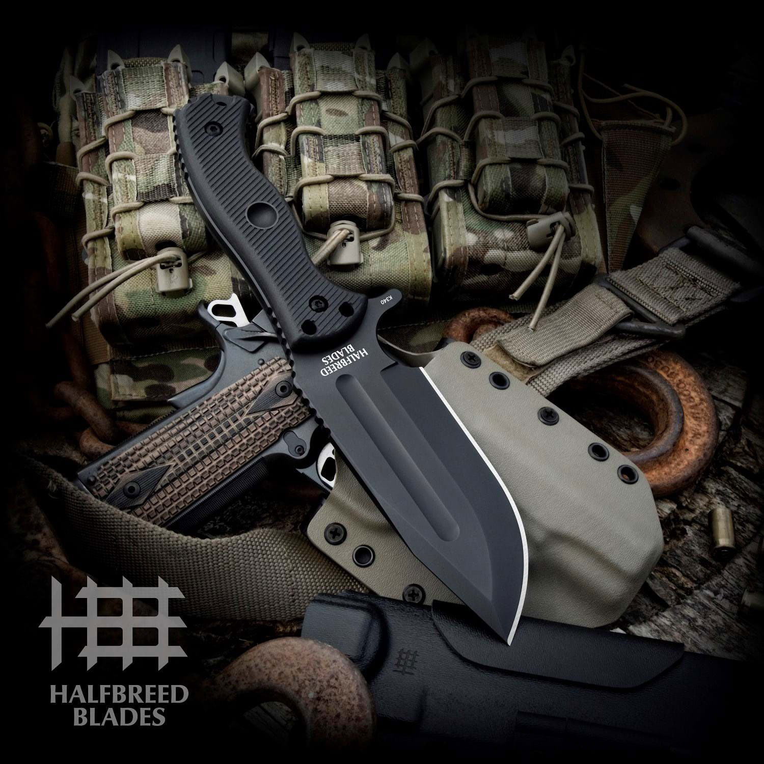 Halfbreed Blades Large Bush Fixed Blade Knife 5.7" K340 Black Teflon ...
