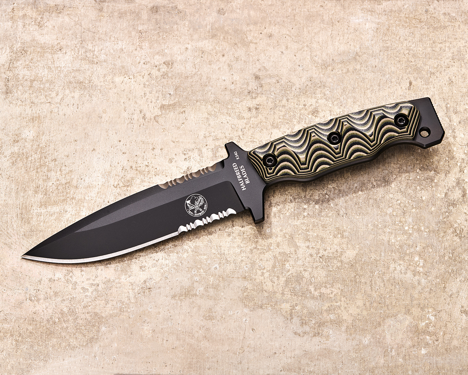 Halfbreed Blades Medium Infantry SOFMAK Fixed Blade Knife 5.31" K340 Black PVD Sawback Drop ...