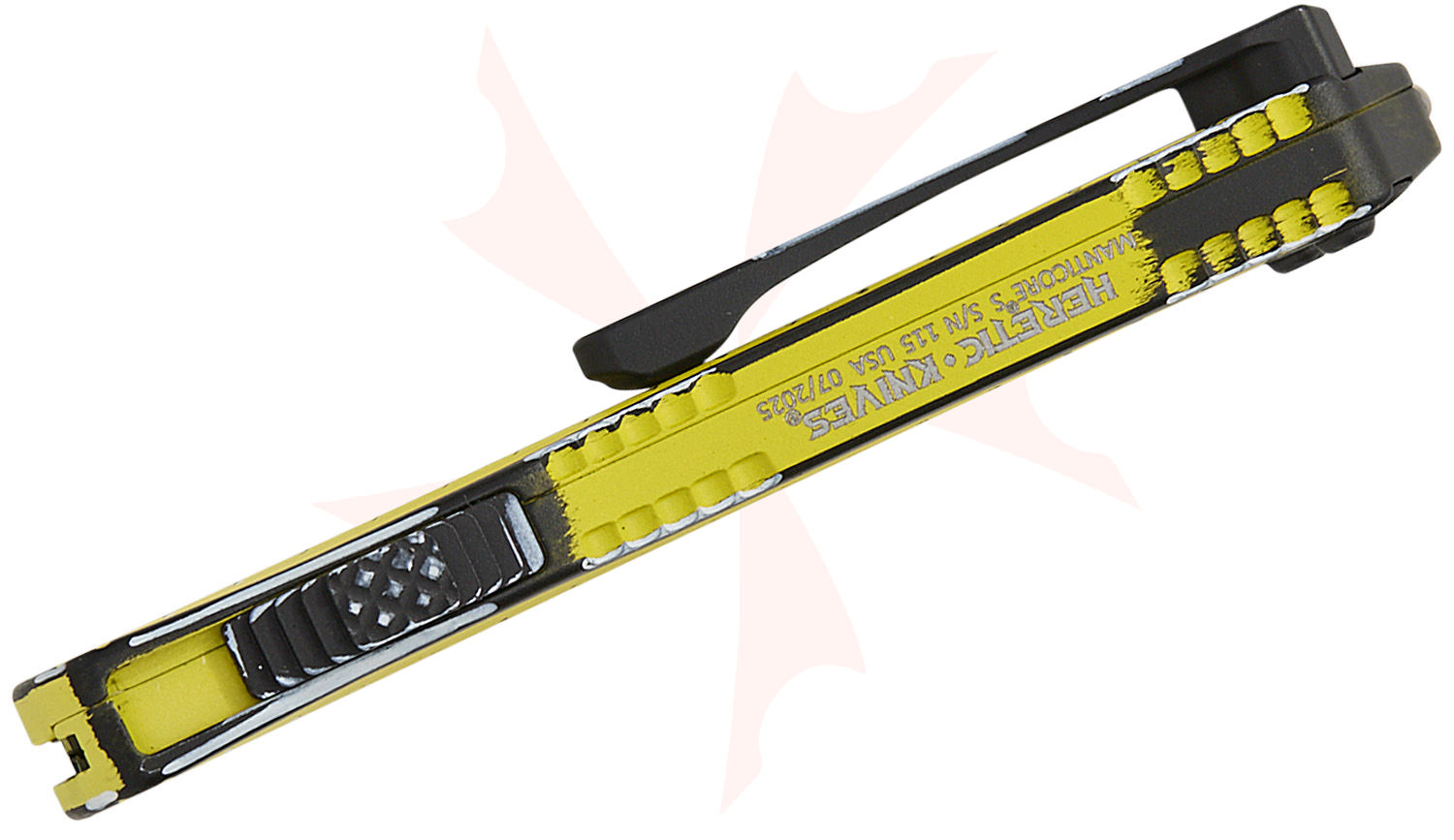 Heretic Knives Manticore S OTF AUTO Knife 2.55" CPM-MagnaCut Yellow Cel Shade Tanto Blade and ...