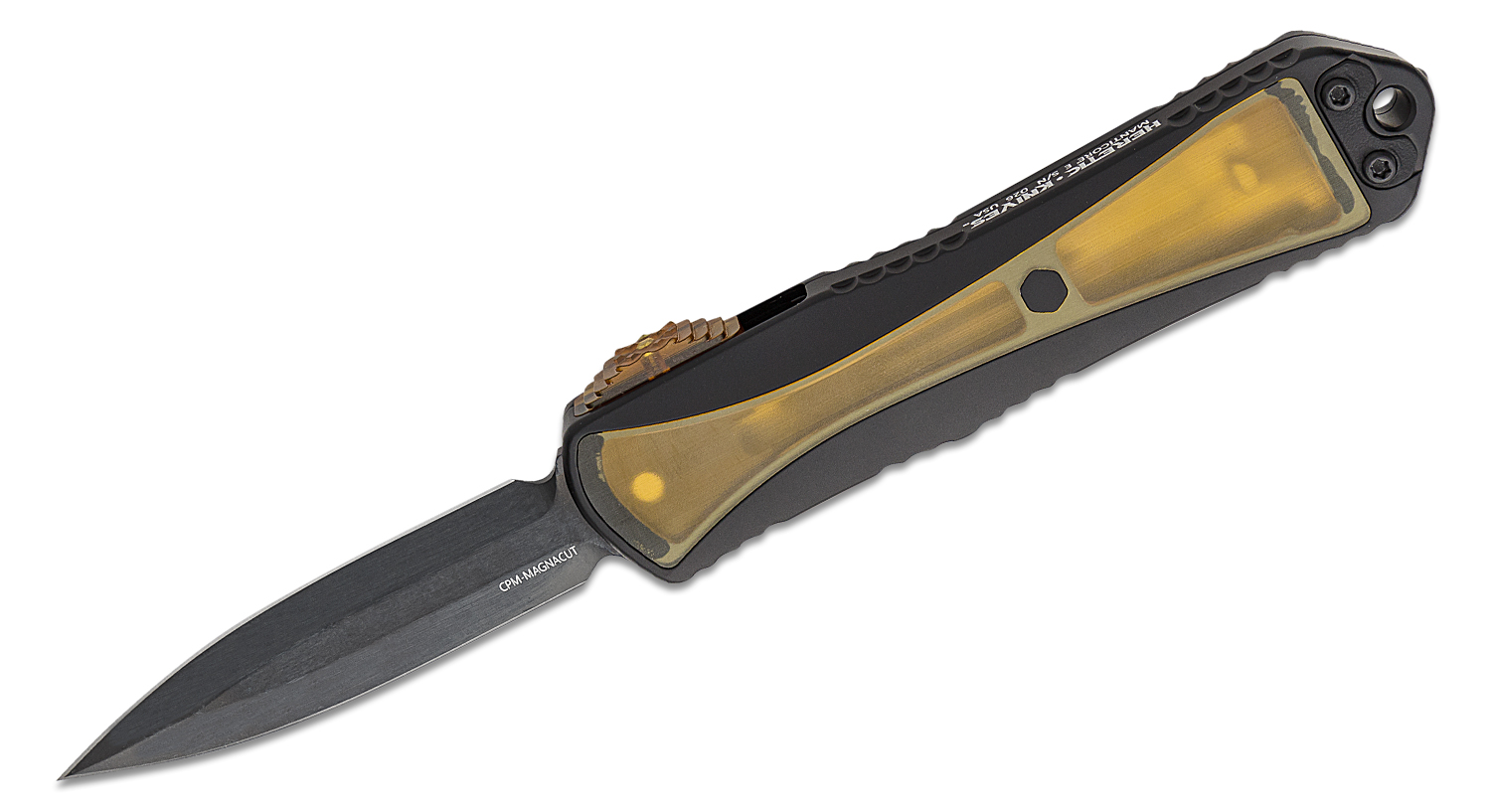 Heretic Knives Manticore E OTF AUTO Knife 3.05" CPM-MagnaCut Black DLC Double Edge Dagger Blade ...