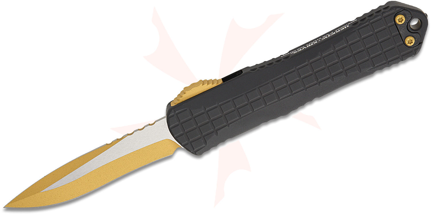 Heretic Knives Manticore E OTF AUTO Knife 3.05" CPM-MagnaCut Two-Tone Gold Recurve Blade, Black ...