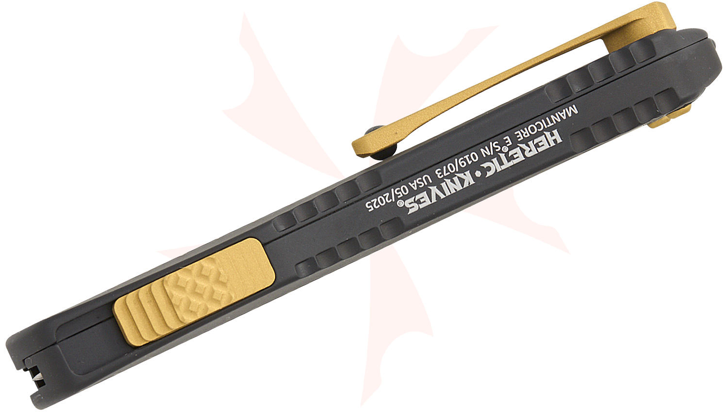 Heretic Knives Manticore E OTF AUTO Knife 3.05" CPM-MagnaCut Two-Tone Gold Recurve Blade, Black ...