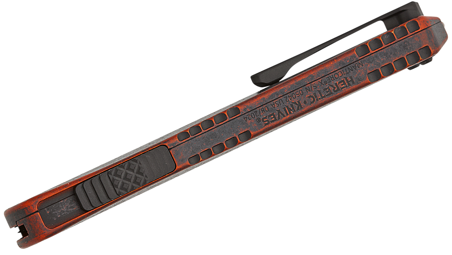 Heretic Knives Manticore X OTF AUTO 3.7" CPM-MagnaCut Black DLC Bowie Blade, Breakthrough Orange ...