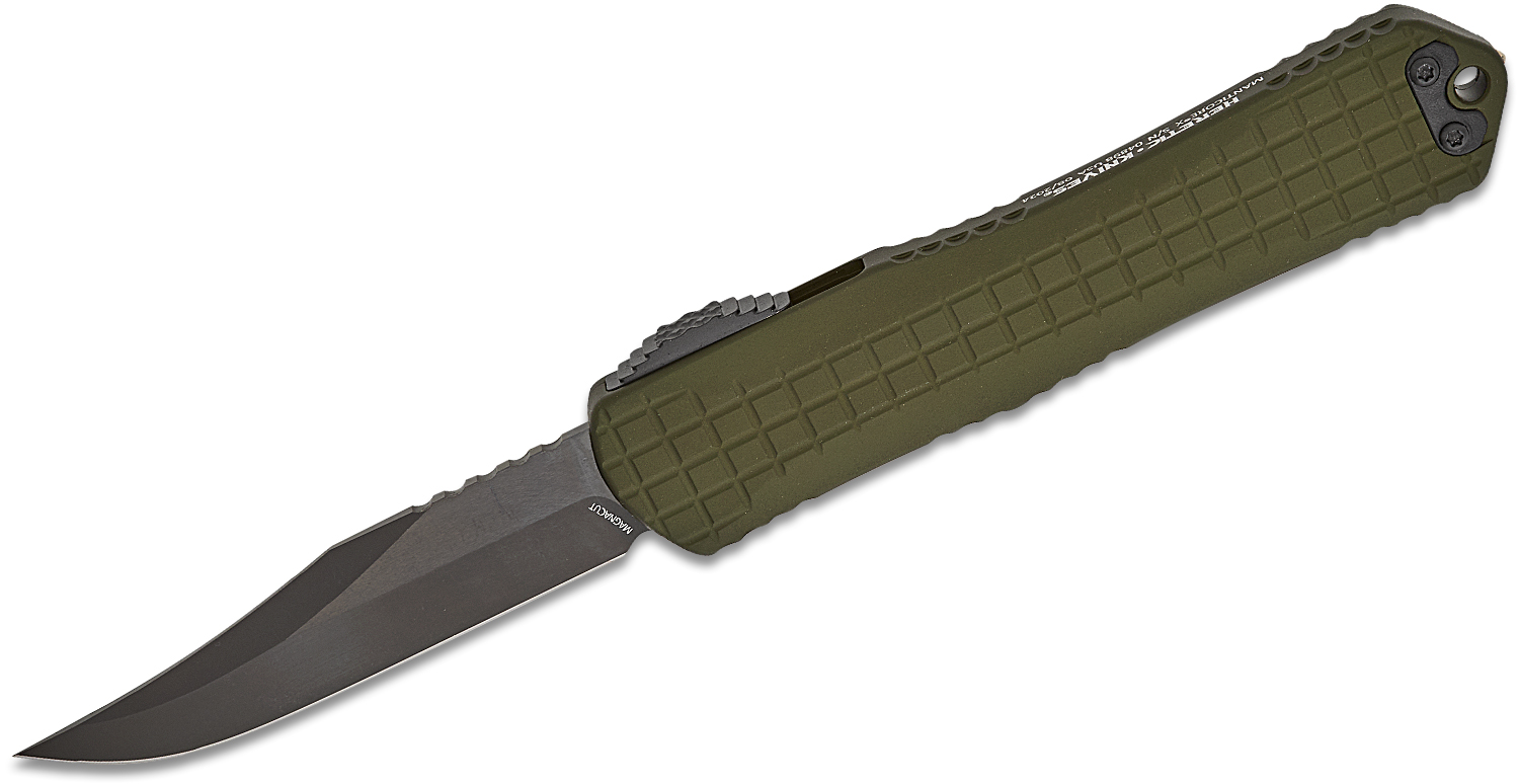 Heretic Knives Manticore X OTF AUTO 3.7" CPM-MagnaCut Black DLC Bowie Blade, OD Green Grenade ...