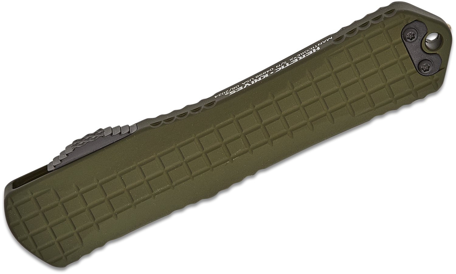 Heretic Knives Manticore X OTF AUTO 3.7" CPM-MagnaCut Black DLC Bowie Blade, OD Green Grenade ...