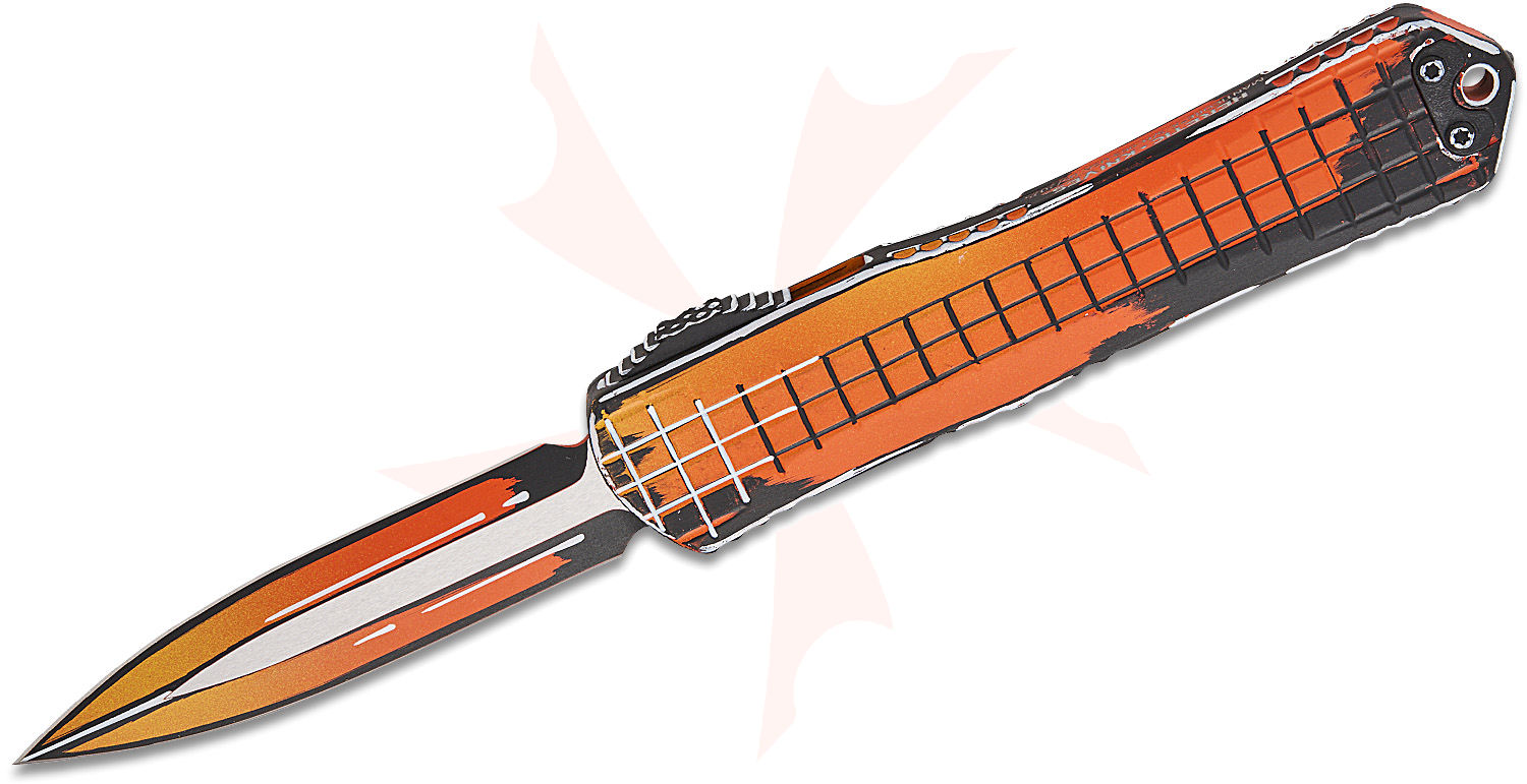 Heretic Knives Manticore X OTF AUTO Knife 3.7" CPM-MagnaCut Orange Cel Shade Double Edge Dagger ...