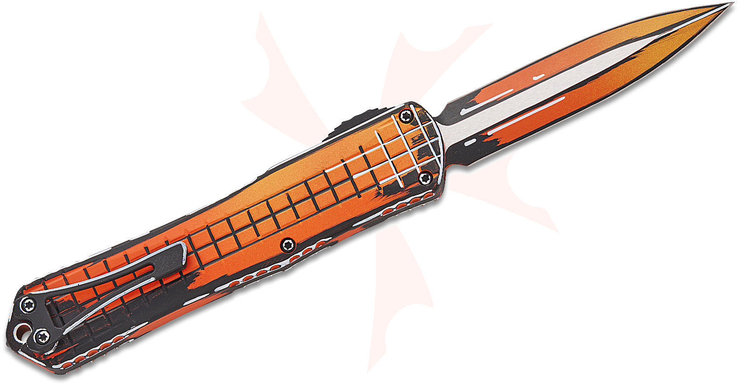 Heretic Knives Manticore X OTF AUTO Knife 3.7" CPM-MagnaCut Orange Cel Shade Double Edge Dagger ...