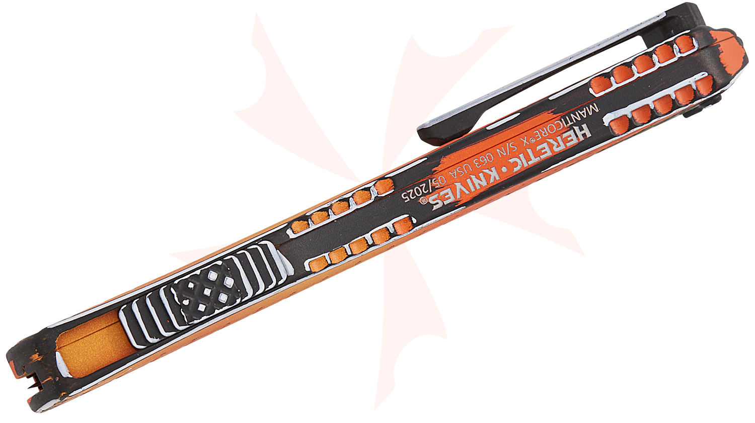 Heretic Knives Manticore X OTF AUTO Knife 3.7" CPM-MagnaCut Orange Cel Shade Double Edge Dagger ...