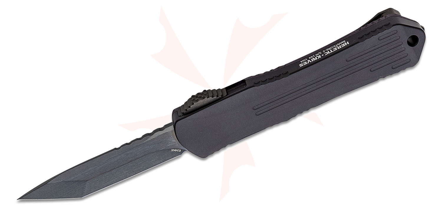 Heretic Knives Manticore S OTF AUTO Knife 2.55" Elmax Black Tanto Blade, Black Aluminum Handle ...