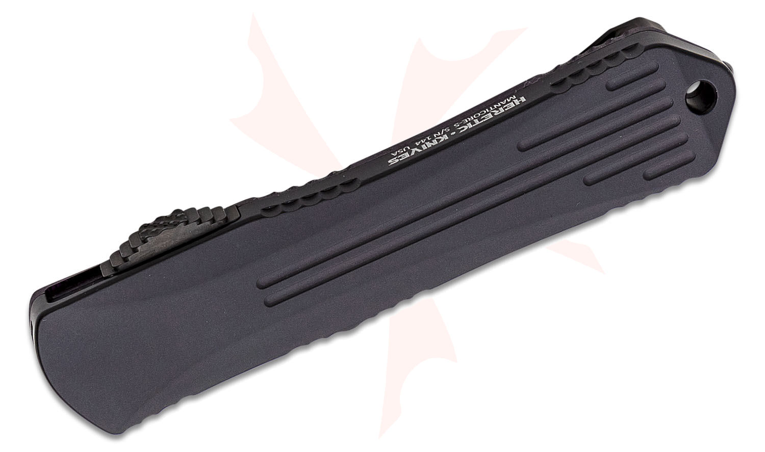 Heretic Knives Manticore S OTF AUTO Knife 2.55" Elmax Black Tanto Blade, Black Aluminum Handle ...