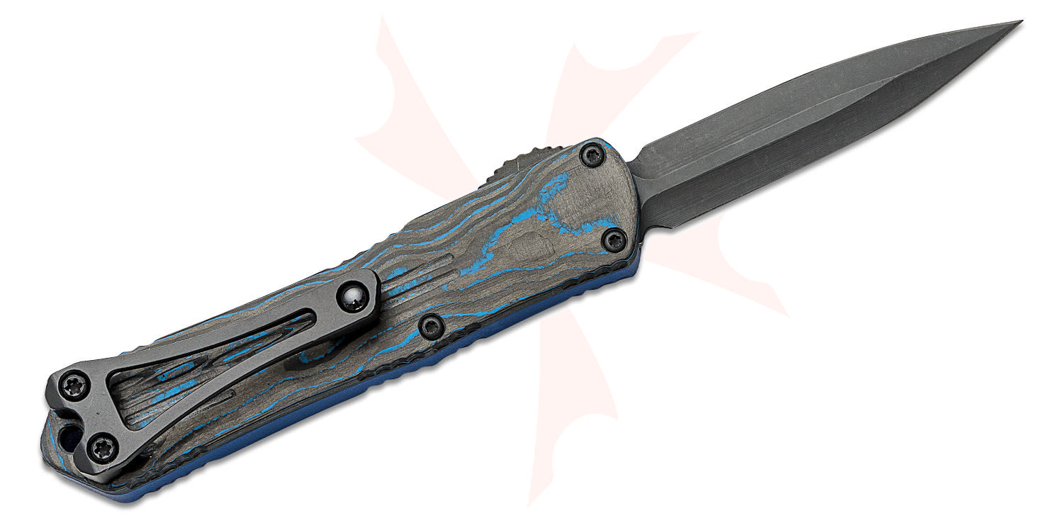 Heretic Knives Manticore S OTF AUTO 2.55" CPM-MagnaCut Black DLC Double Edge Dagger Blade, Blue ...