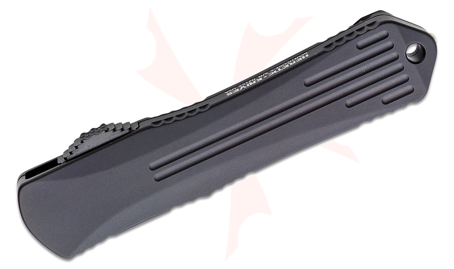 Heretic Knives Manticore S OTF AUTO Knife 2.55" Elmax Black DLC Two-Tone Recurve Blade, Black ...