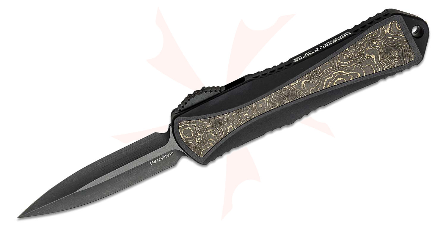 Heretic Knives Manticore E OTF AUTO Knife 3.05" MagnaCut Black DLC Double Edge Dagger Blade ...