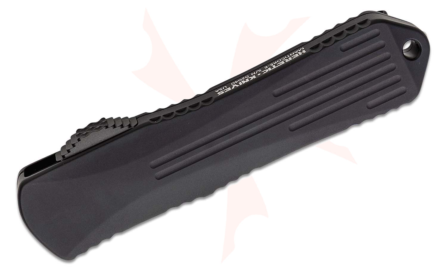 Heretic Knives Manticore E Tactical OTF AUTO Knife 3.05" Elmax Black Two-Tone Recurve Blade ...