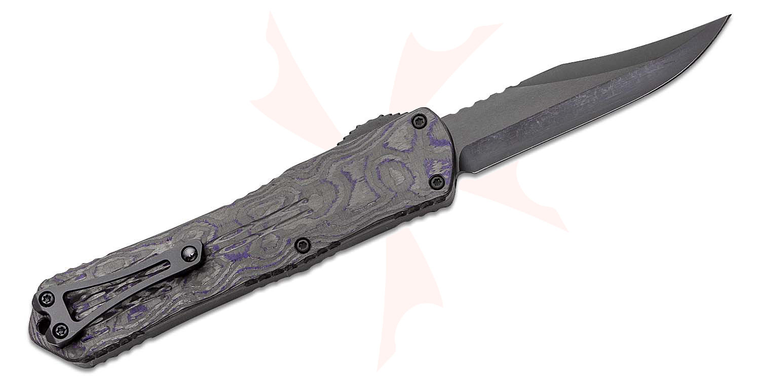 Heretic Knives Manticore X OTF AUTO 3.7" Elmax Black DLC Bowie Blade, Black Aluminum Handle with ...