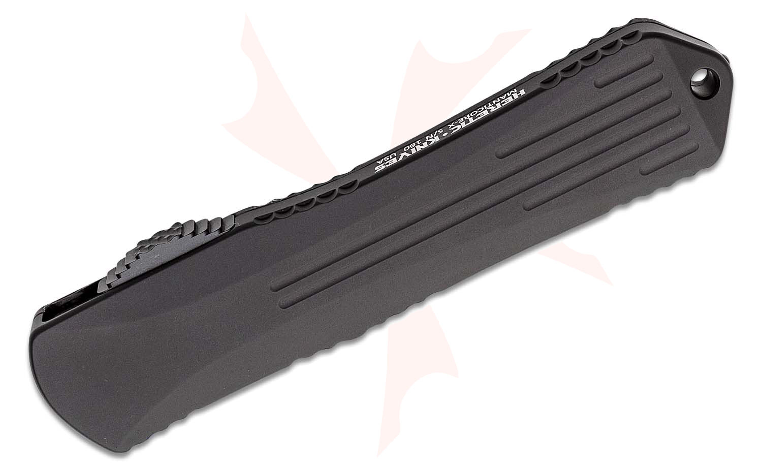 Heretic Knives Manticore X OTF AUTO 3.7" Elmax Black DLC Recurve Blade, Black Aluminum Handle ...